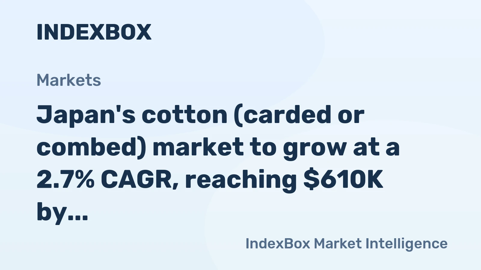 Japan's cotton (carded or combed) market to grow at a 2.7% CAGR, reaching $610K by 2035, driven by rising demand.