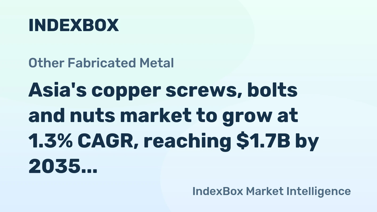 Asia's copper screws, bolts and nuts market to grow at 1.3% CAGR, reaching $1.7B by 2035 on steady demand.