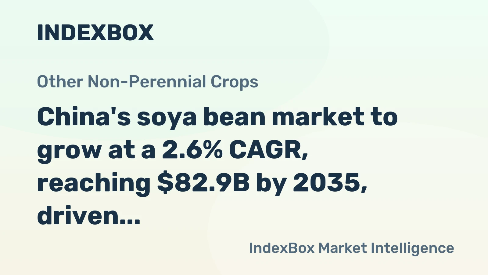 China's soya bean market to grow at a 2.6% CAGR, reaching $82.9B by 2035, driven by sustained demand.
